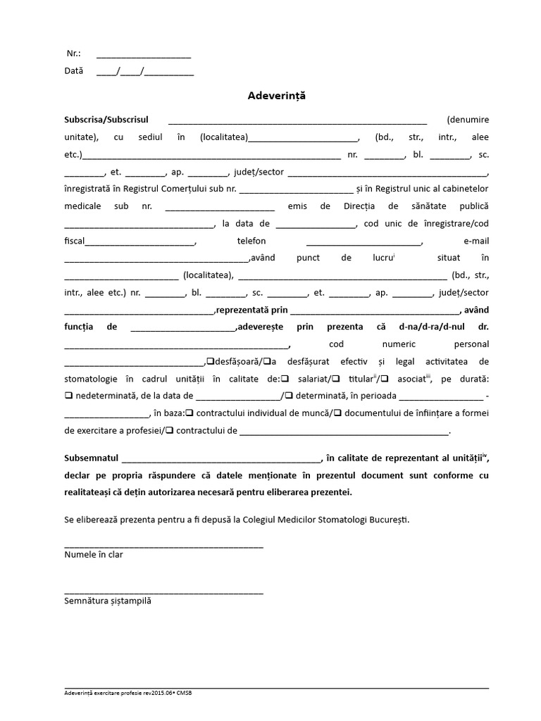 Model Adeverinta Exercitare Profesie CMSB | PDF