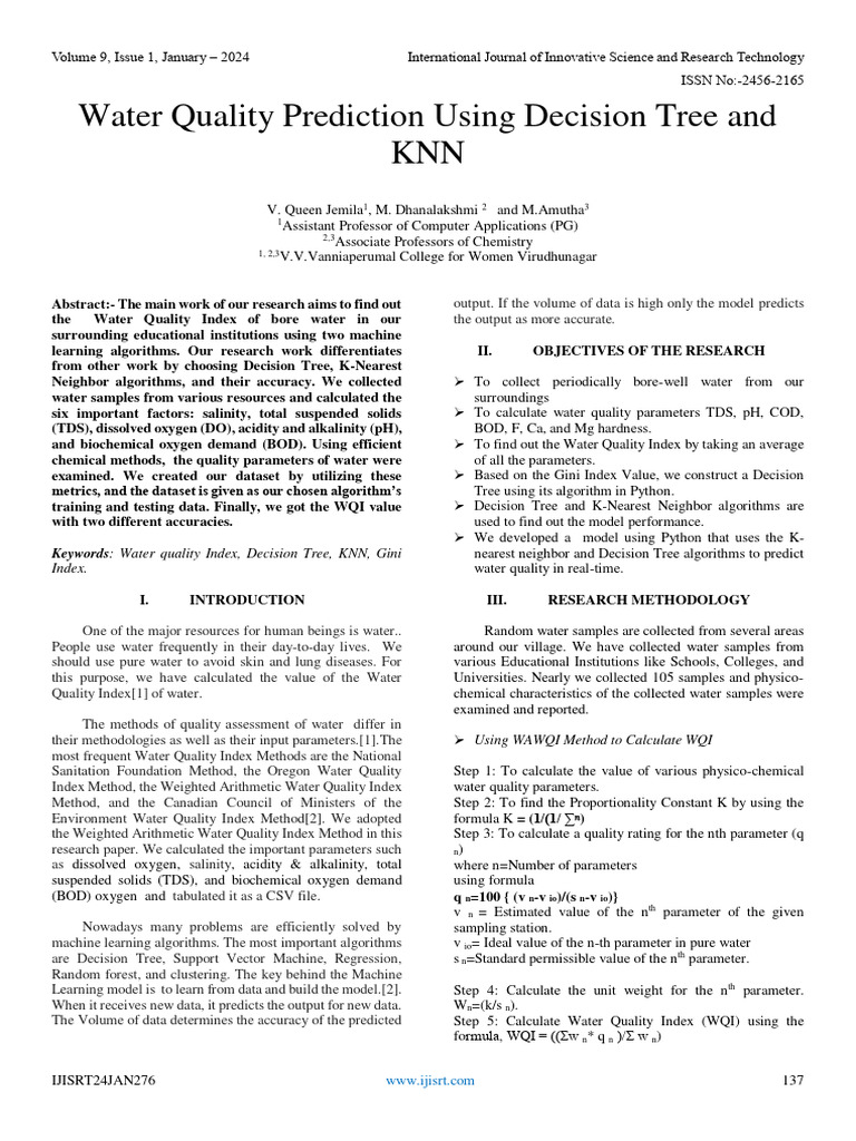 Water Quality Prediction Using Decision Tree and KNN | PDF Water Quality Prediction Using Decision Tree and KNN | PDF