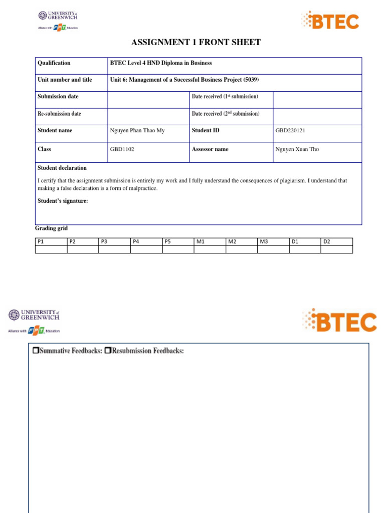 5039 - Assignment 1 - Nguyen Phan Thao My - GBD1101 | PDF | Methodology | Project Management