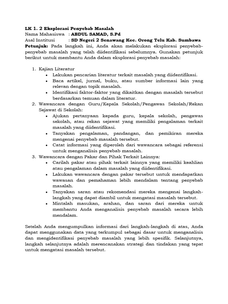 LK 1.2 Eksplorasi Penyebab Masalah - Umum Abdul Samad, S.PD | PDF