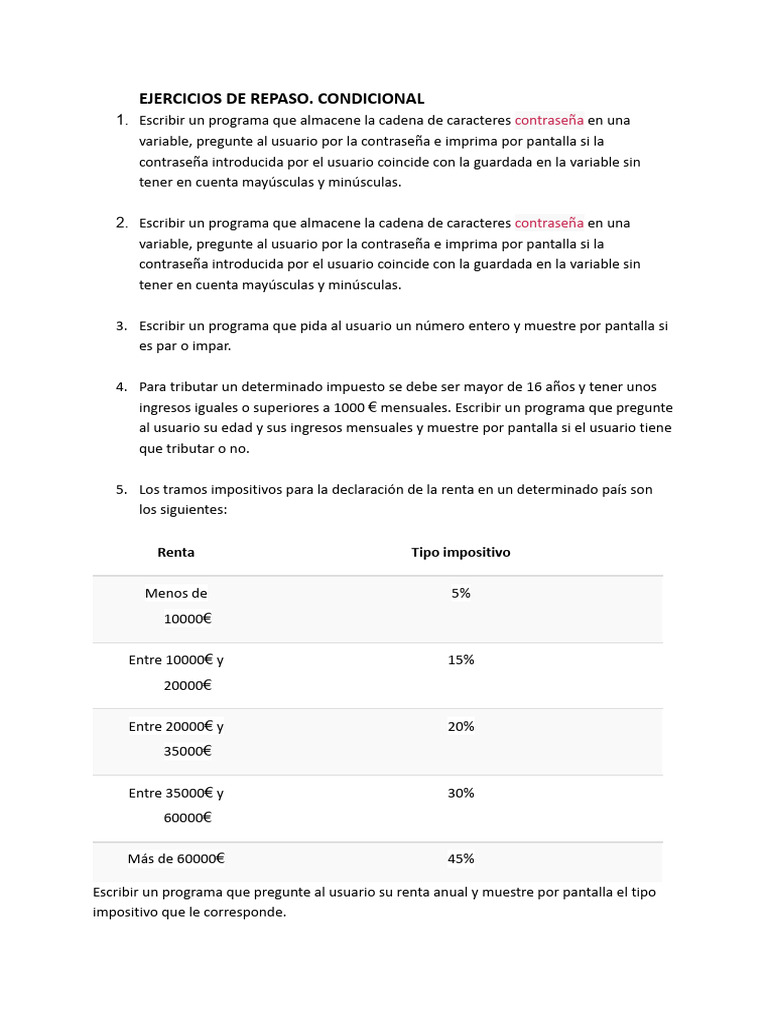 Ejercicios de Repaso Condicionales | PDF