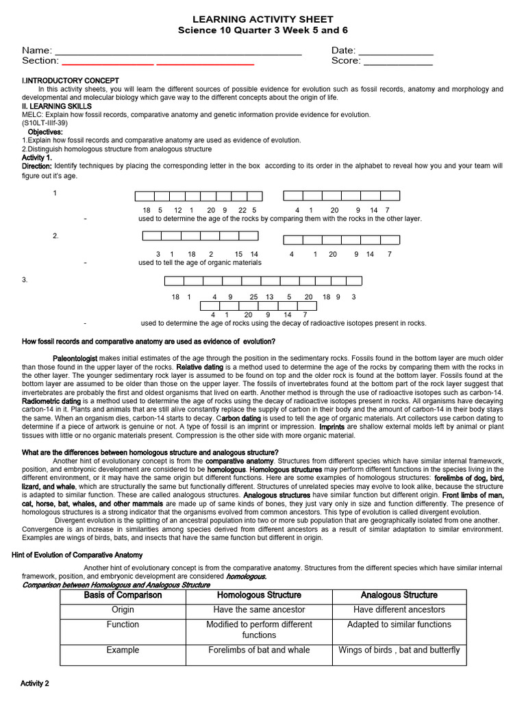 LEARNING ACTIVITY SHEET Quarter 3 Sci10 Week 5-6 | PDF | Homology ...