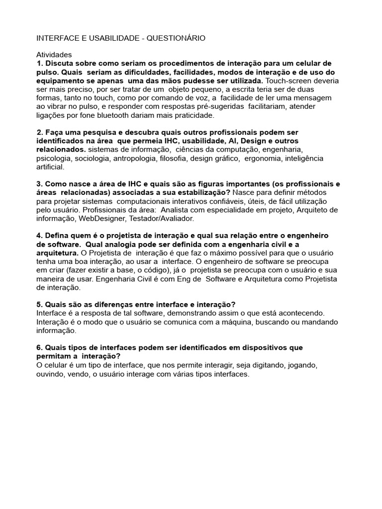 Interface e Usabilidade - Questionário 1 | PDF