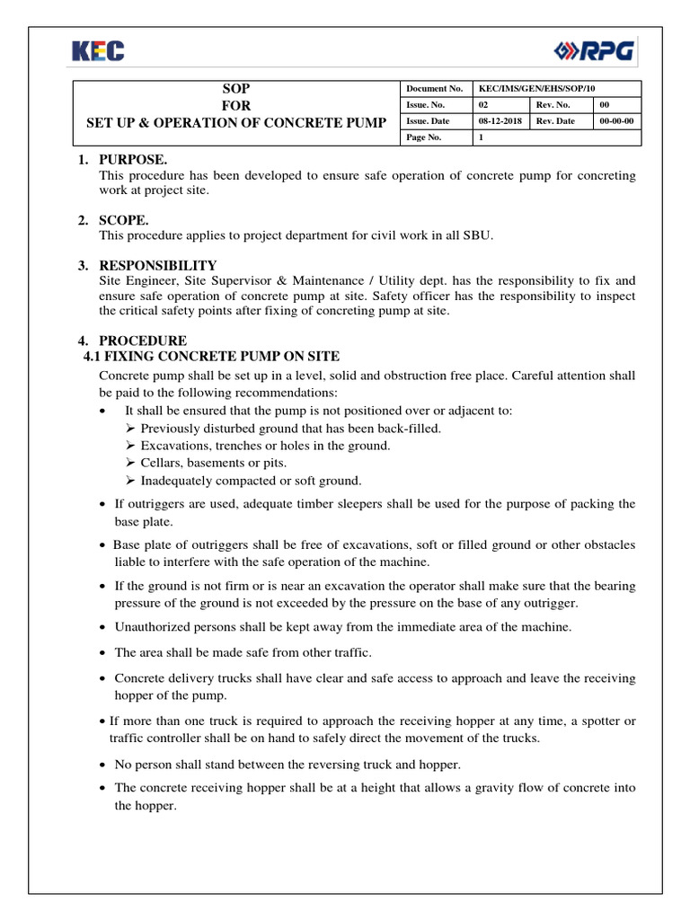 Sop For Set Up & Operation of Concrete Pump | PDF | Pump | Pipe (Fluid Conveyance)