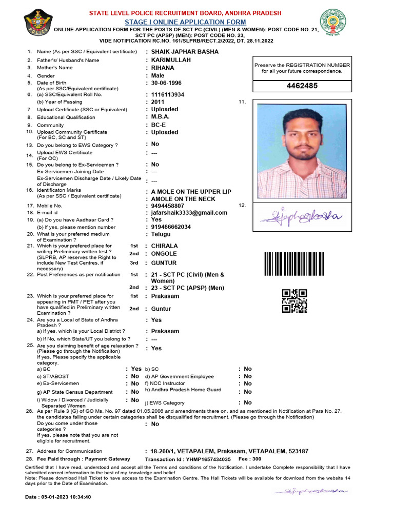 AP Police Recruitment Application Form | PDF | Government