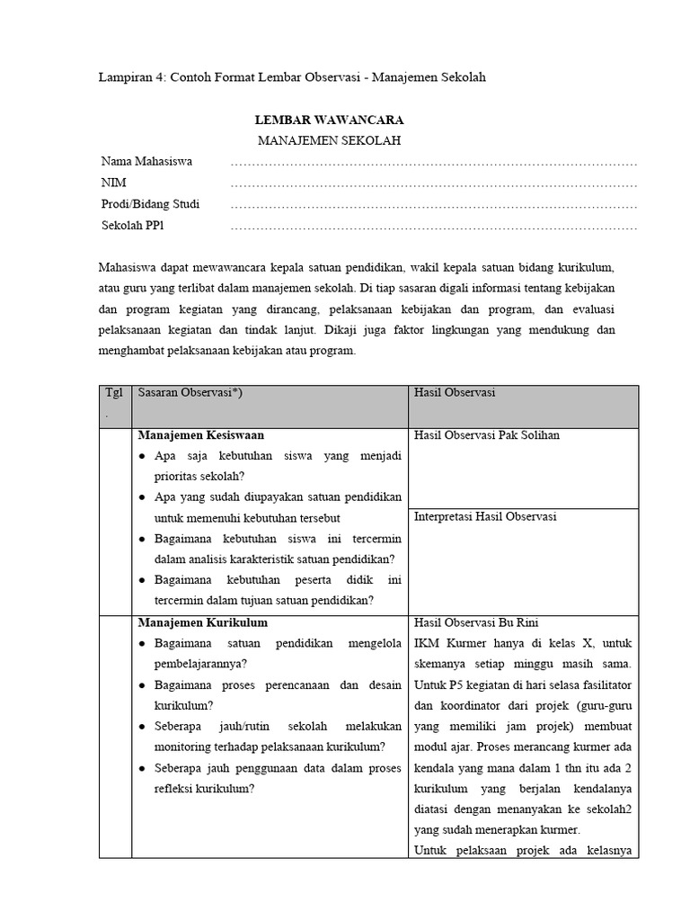 Lampiran 4 - Contoh Format Lembar Observasi Manajemen Sekolah | PDF