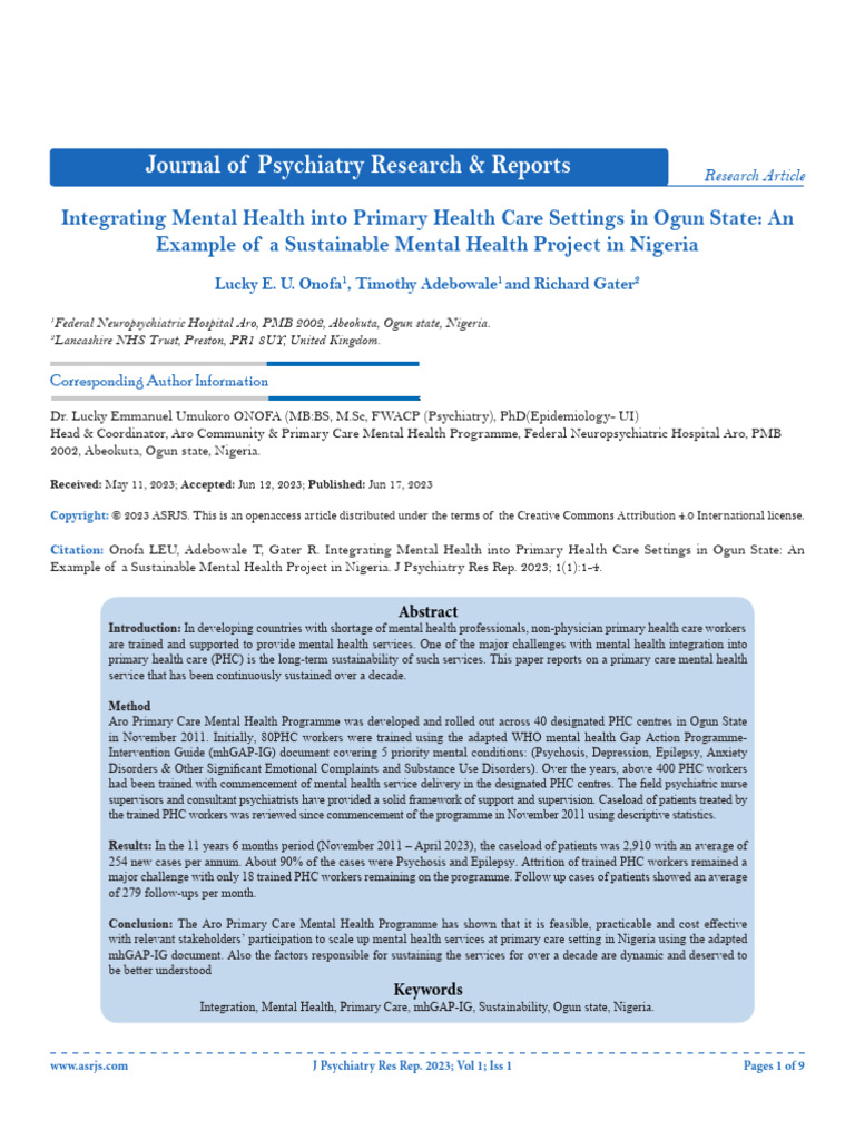 Integrating Mental Health Into Primary Health Care Settings in Ogun ...