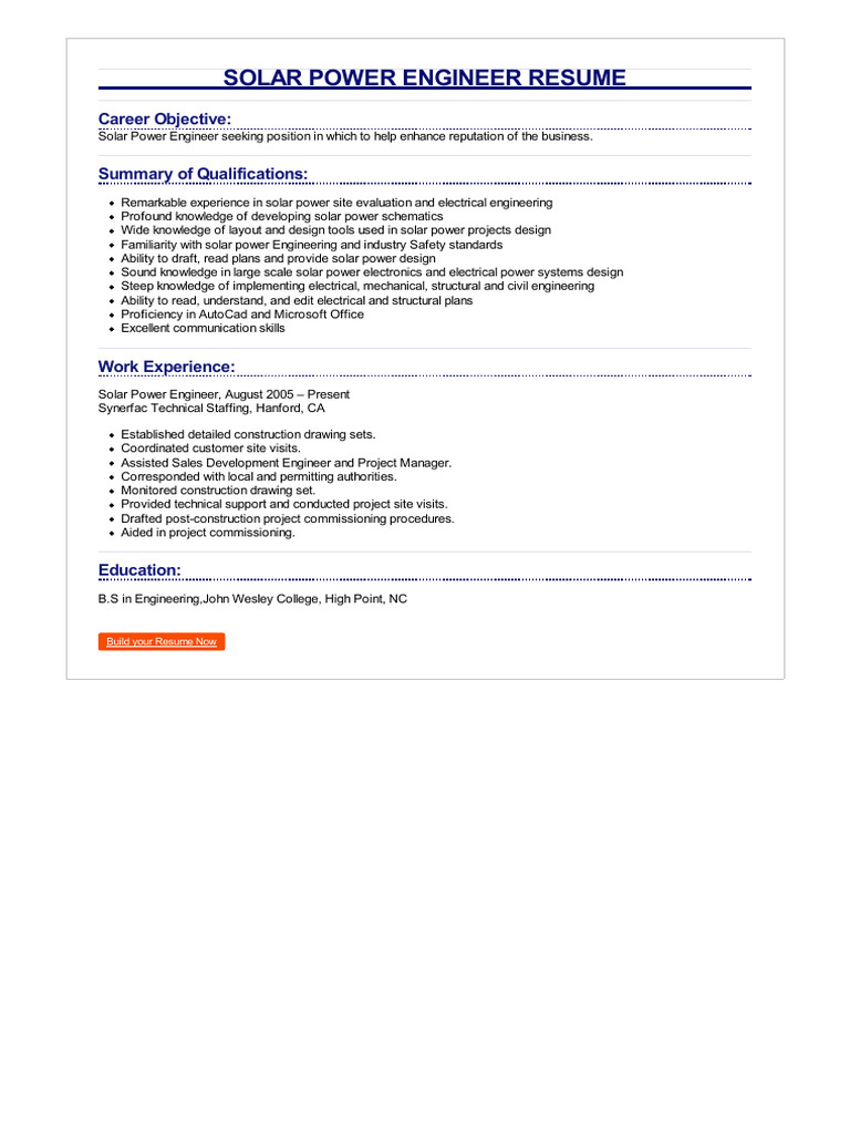 Solar Power Engineer Resume | PDF