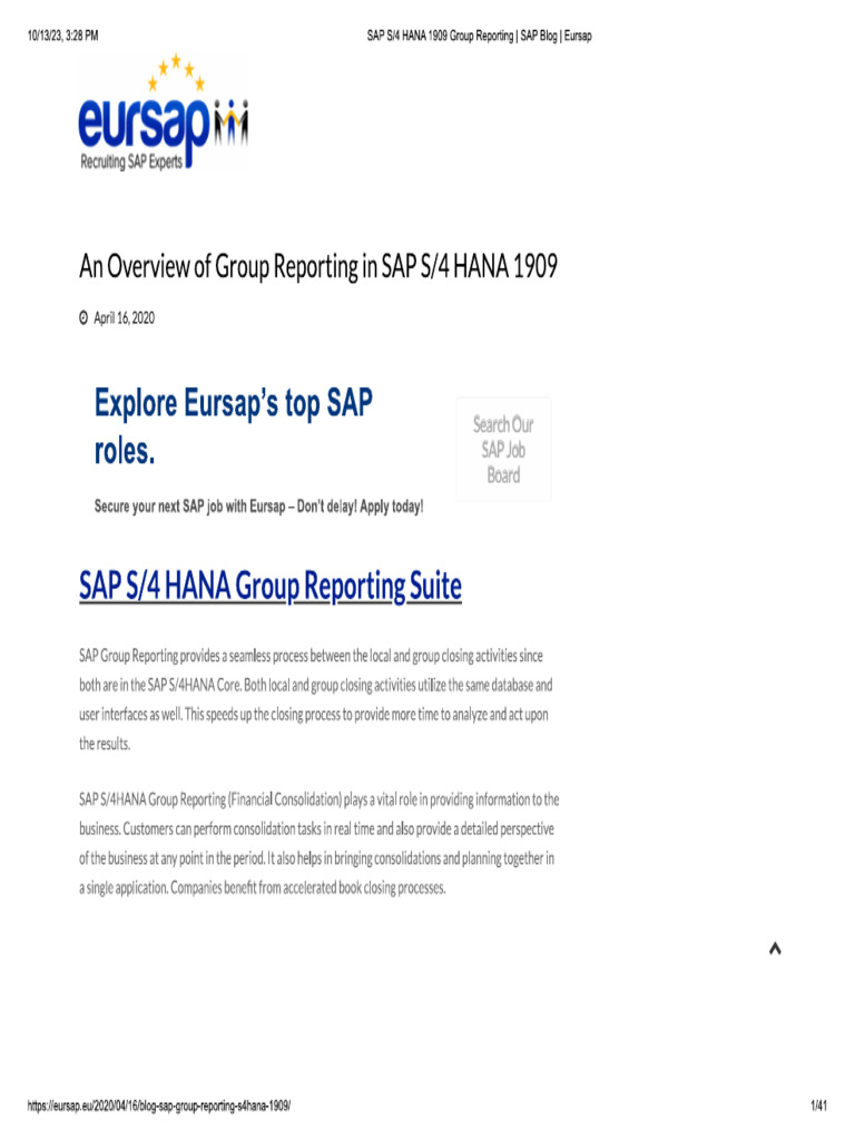 SAP S - 4 HANA 1909 Group Reporting - SAP Blog - Eursap | PDF