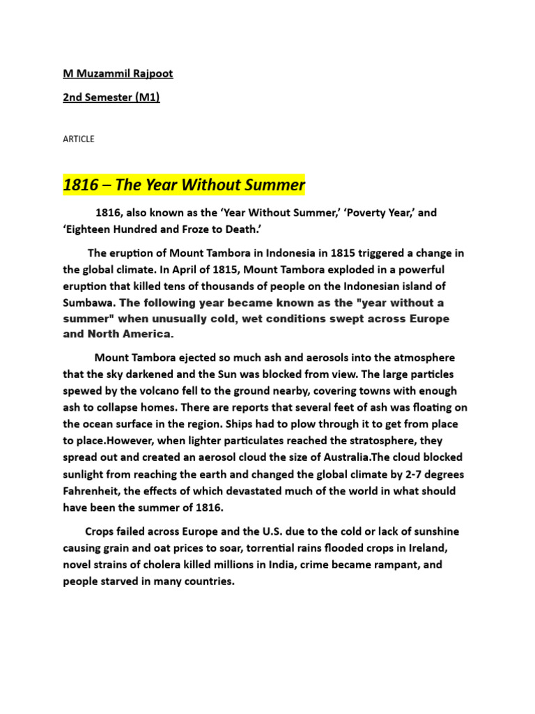 1816, The Year Without Summer by M Muzammil Rajpoot | PDF