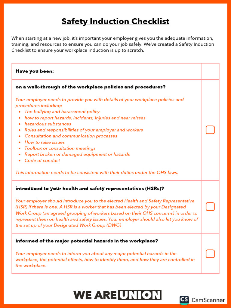 Safety Induction Checklist FINAL | PDF | Occupational Safety And Health ...