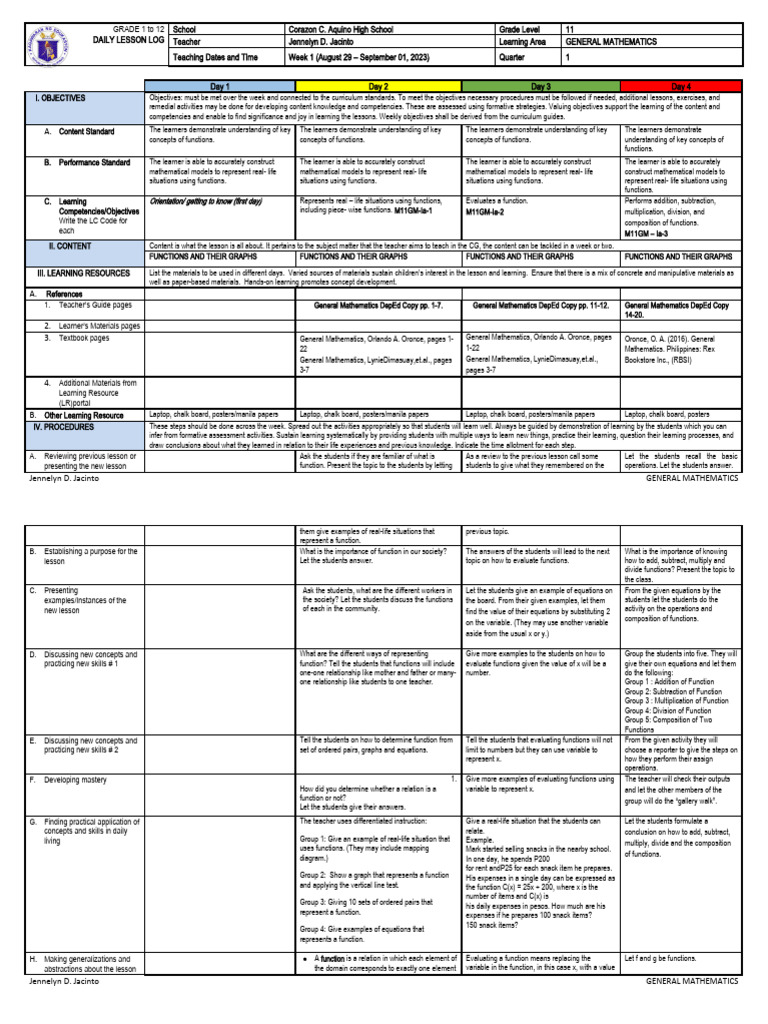DLL - Gen Math-Week 1 | PDF | Function (Mathematics) | Mathematics