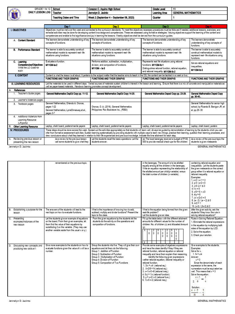 DLL - Gen Math-Week 2 | PDF