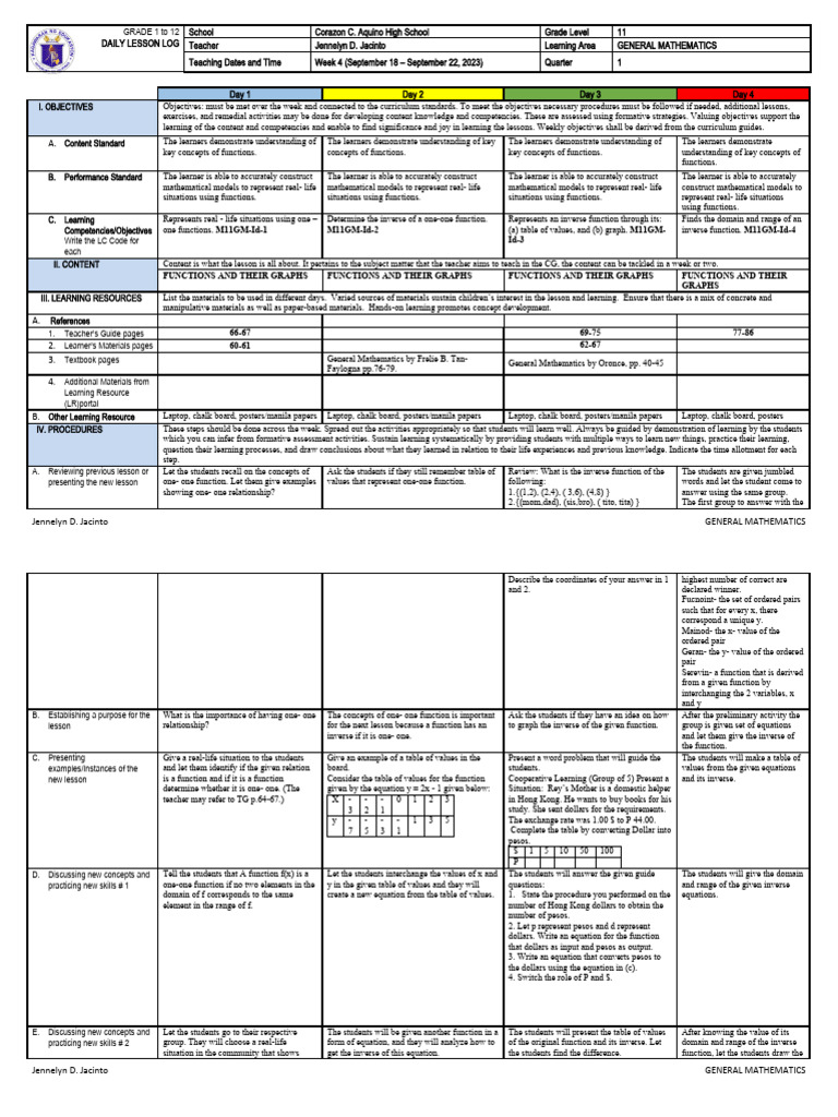 DLL - Gen Math-Week 4 | PDF | Function (Mathematics) | Learning