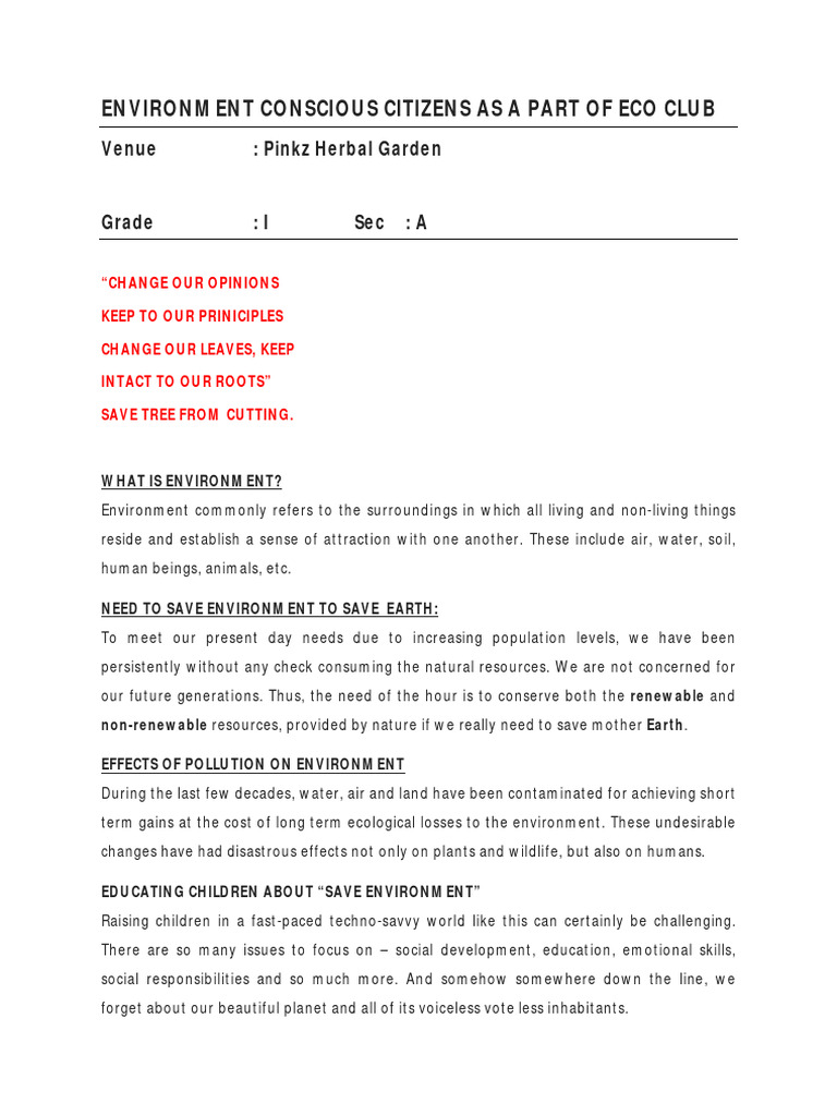 Environment Conscious Citizens As A Part of Eco Club | PDF | Natural ...