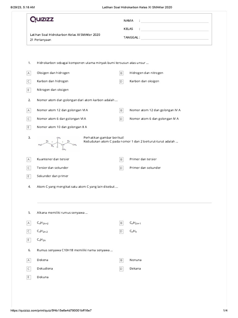 Latihan Soal Hidrokarbon Kelas XI SMA | PDF