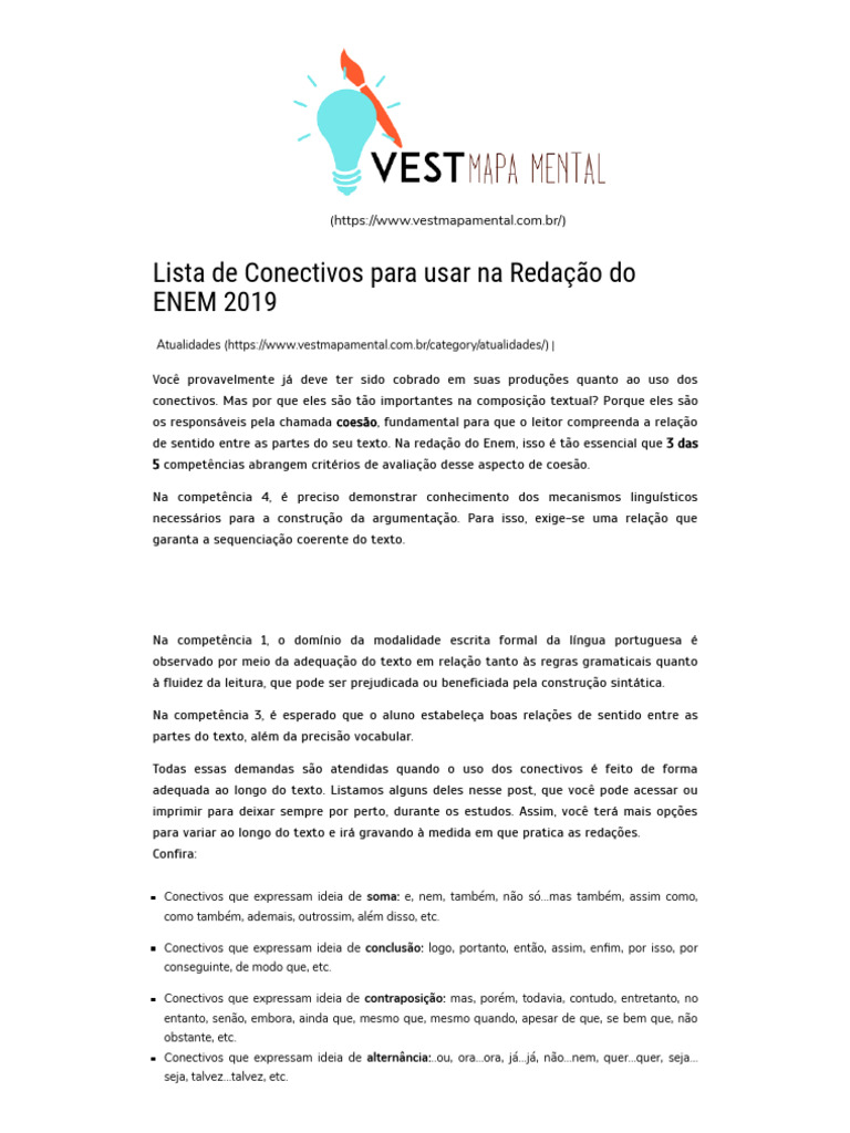 Lista de Conectivos para Usar Na RedaÃ Ã o Do ENEM 2019 | PDF