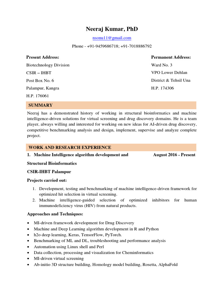 Neeraj Kumar CV | PDF | Bioinformatics | Artificial Intelligence