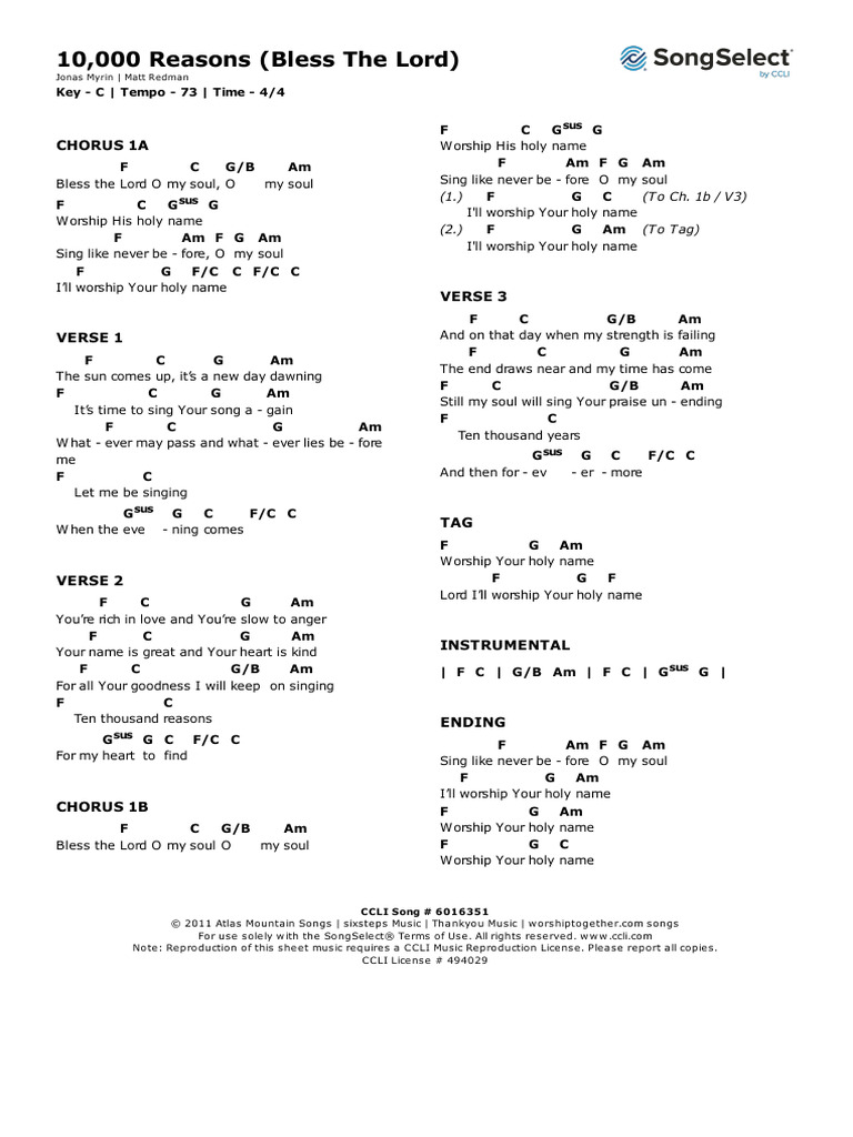 10,000 Reasons (Bless The Lord) - Chords-C | PDF | Christian Music | Songs