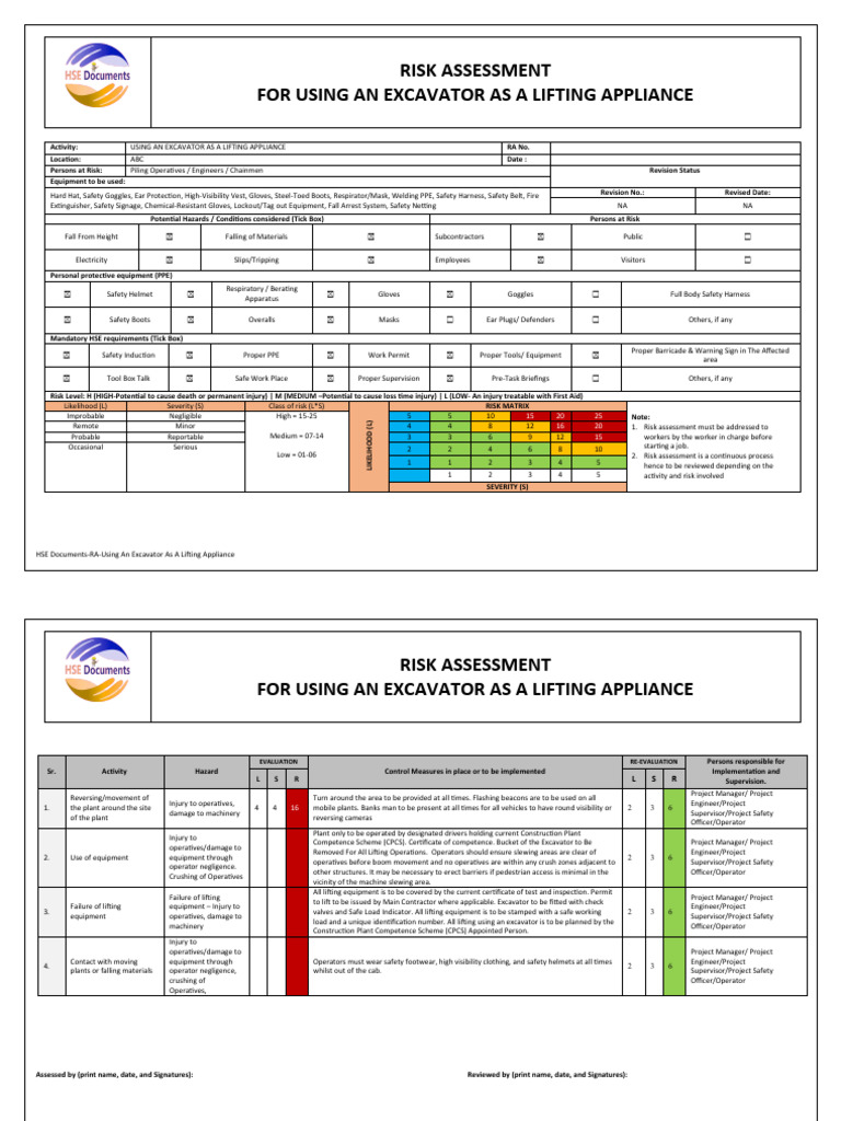 RISK ASSESSMENT FOR USING AN EXCAVATOR AS A LIFTING APPLIANCE | PDF ...