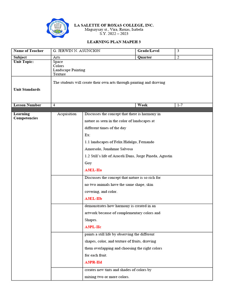 Grade 3 Arts Learning Plan: Landscapes | PDF | Paintings | Cognitive ...