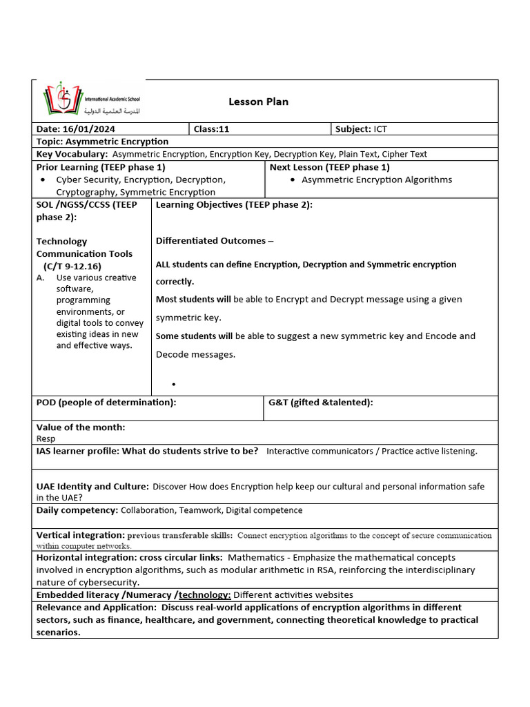 IAS - Lesson Plan - G12 - Cryptography | PDF | Cryptography | Encryption