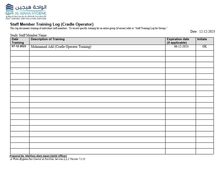 Cradle Operator Training Log | PDF