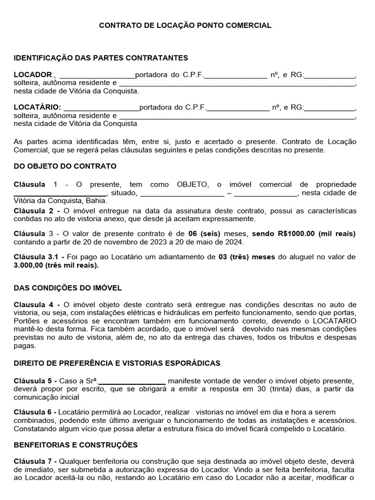 Contrato de Locação de Ponto Comercial | PDF | Aluguel