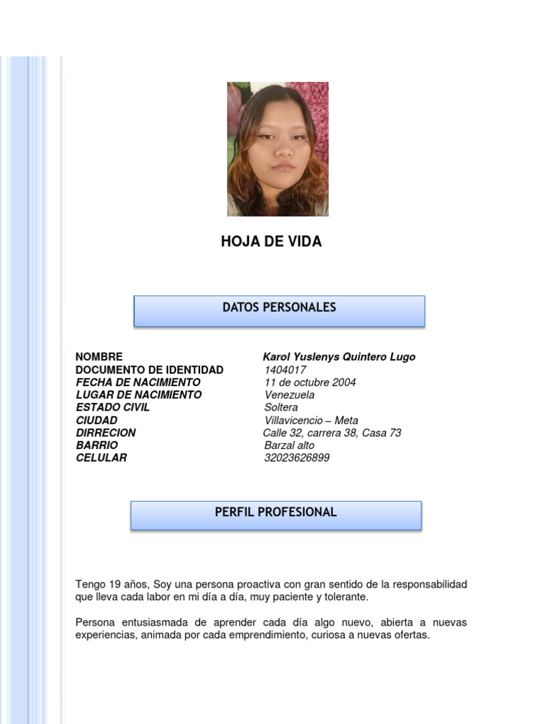 Hoja de Vida de Karol Quintero | PDF