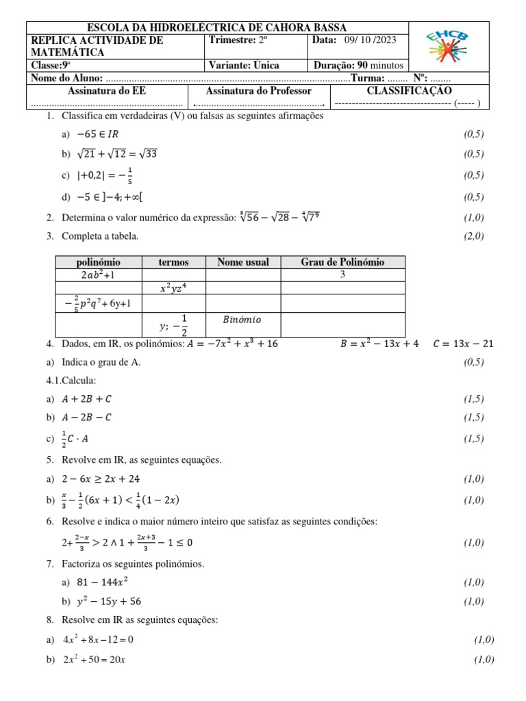 Replica Trabalho-Matematica-9a Classe | PDF