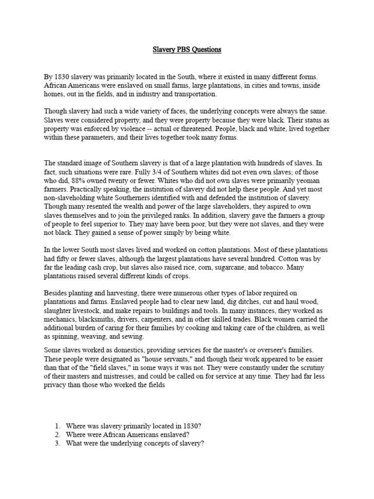 Slavery+PBS+Questions | PDF | Slavery | Slavery In The United States
