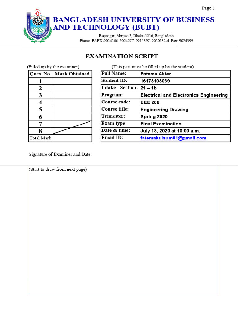 Cover Page of Exam Script | PDF