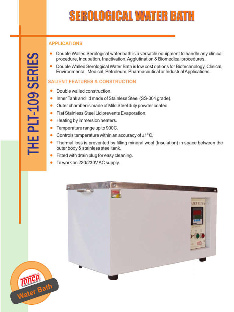 Serological Water Bath (PLT 109) | PDF | Thermostat | Manufactured Goods