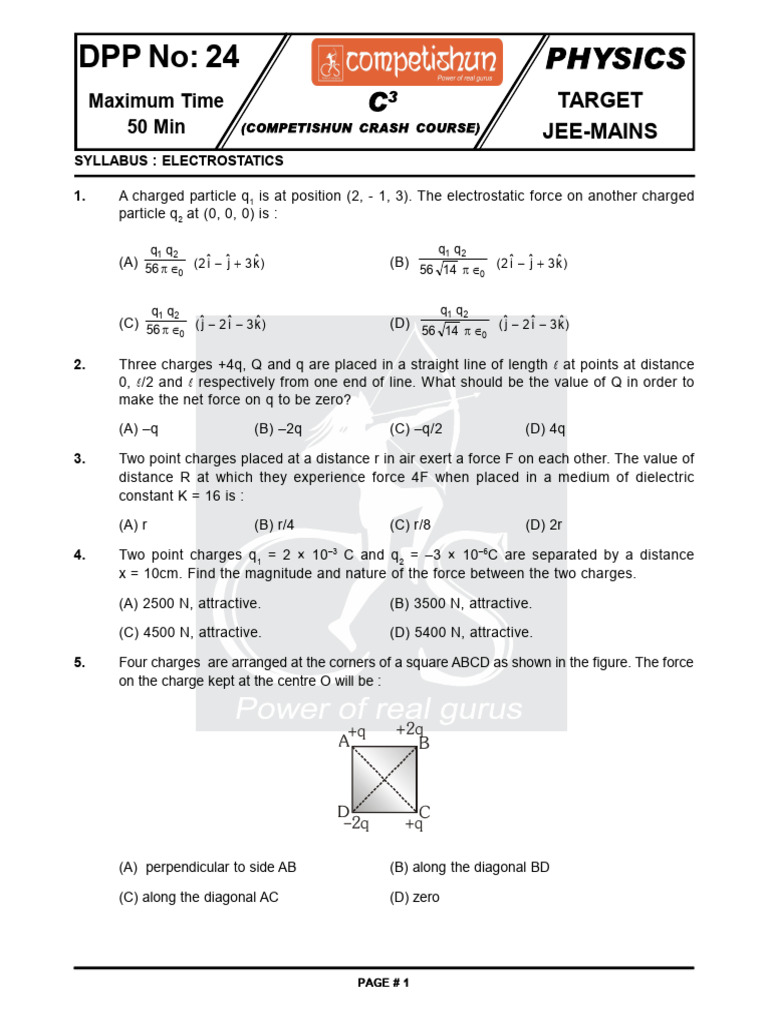 Student Copy. DPP No. 24 Electrostatics | PDF | Electric Field | Potential Energy