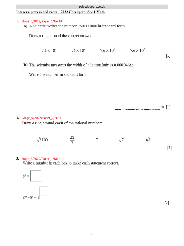 Integers Powers and Roots Numbers Checkpoint - Sec - 1 - Progression ...