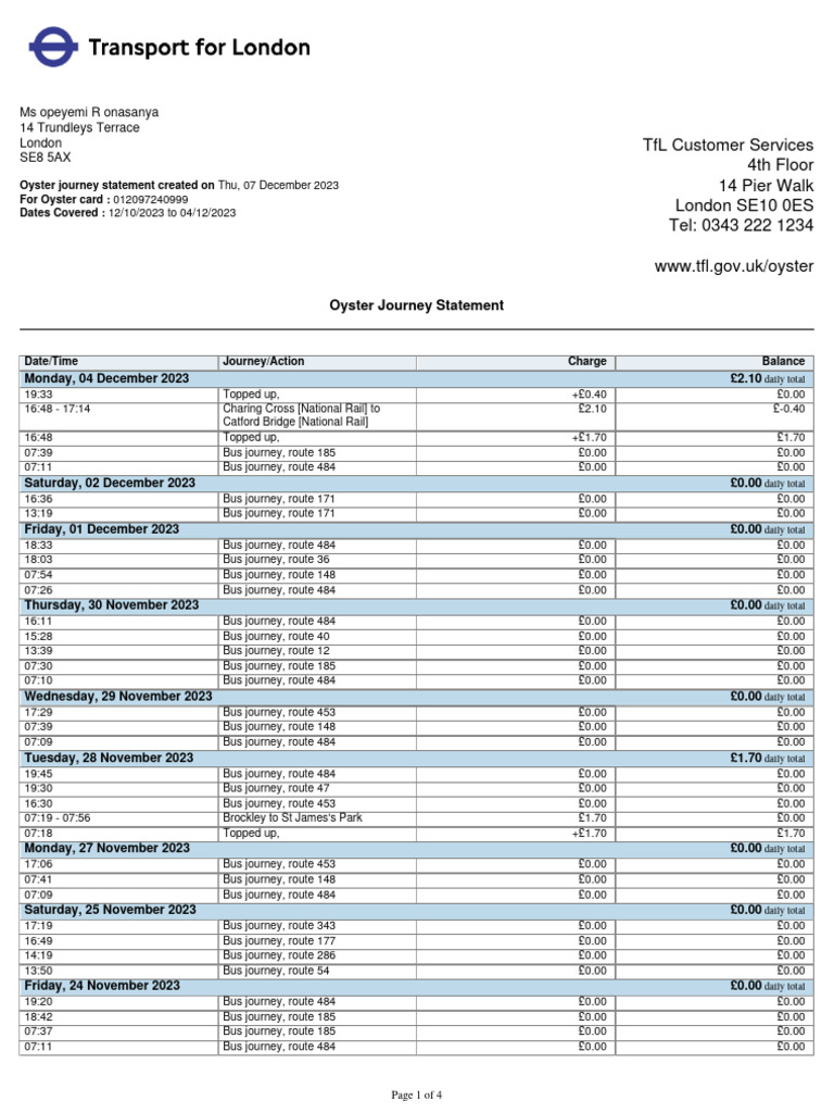 TFL Customer Services 4Th Floor 14 Pier Walk London Se10 0es Tel: 0343 ...