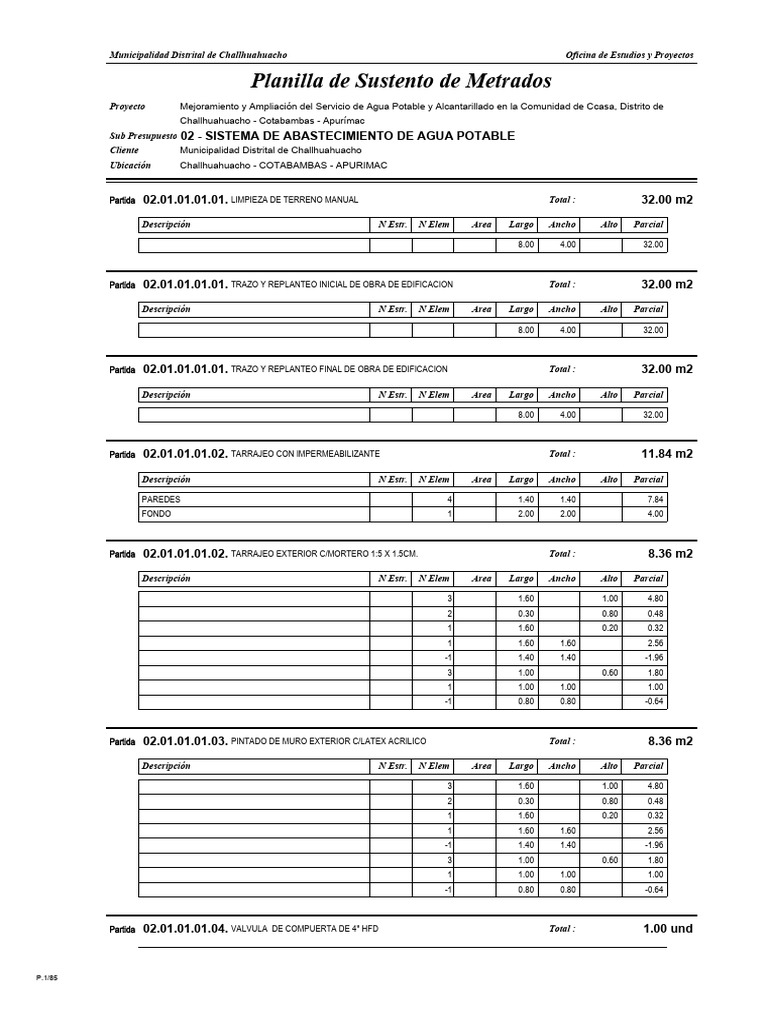 01.02 Planilla de Metrado SISTEMA DE ABASTECIMIENTO DE AGUA POTABLE | PDF | Hidrología Y ...