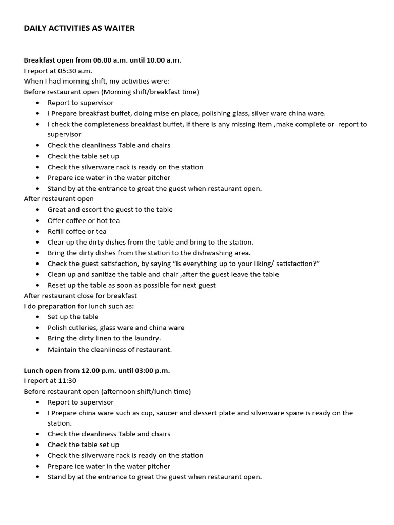 Daily Activities as Waiter | PDF | Restaurants | Entrée
