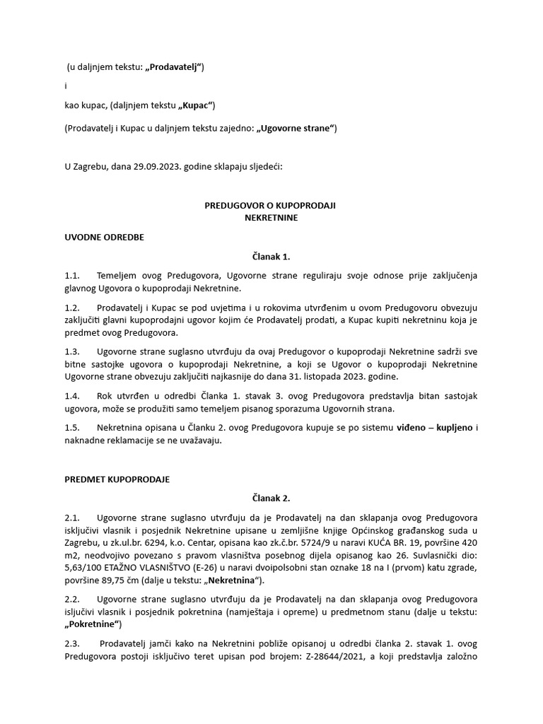 Predugovor - Kupoprodaja Nekretnine | PDF