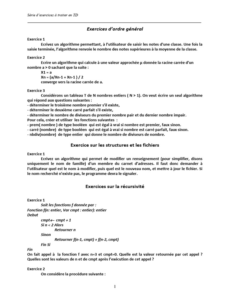 Série D Exercices D Algorithmique II | PDF | Complexité temporelle | Mathématiques