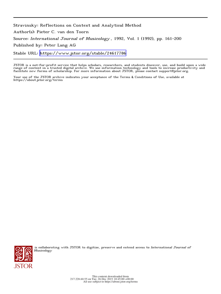 Toorn - Stravinsky Reflections Context and Analytical Method | PDF