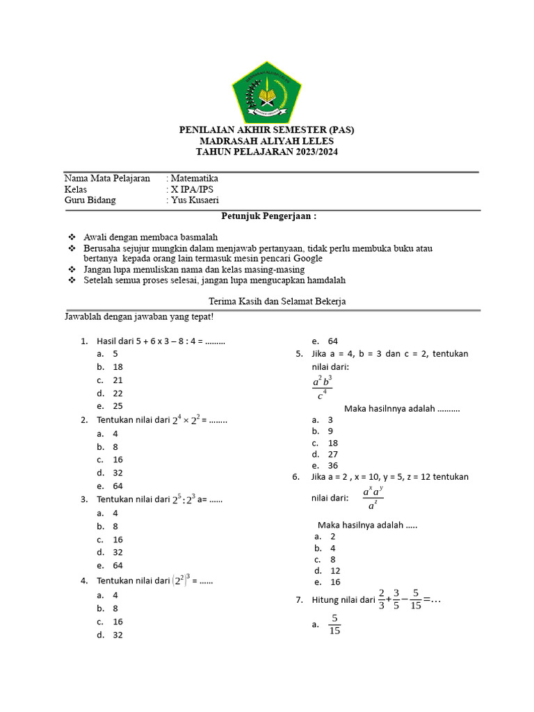 Soal Matematika Kelas X Semester Ganjil 2023-2024 - Kirim | PDF