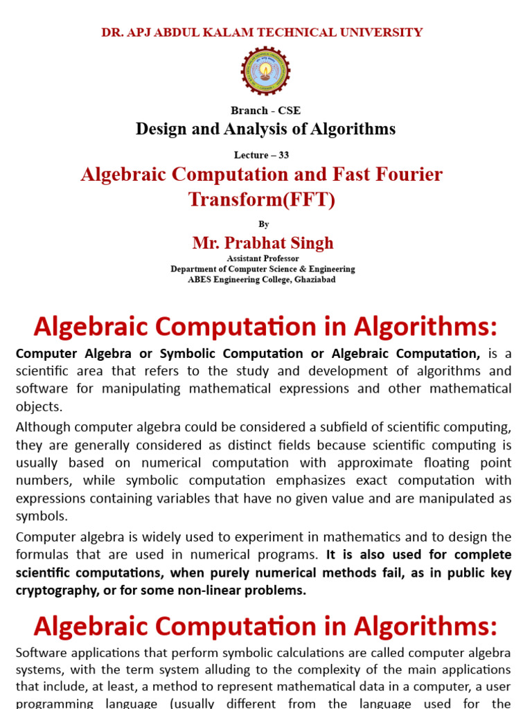 Lecture 33 Algebraic Computation And Ffts Pdf Matrix Mathematics Fast Fourier Transform 