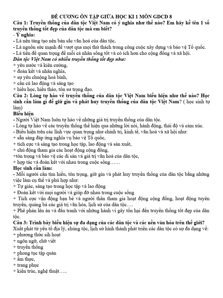 ĐỀ CƯƠNG TỰ LUẬN GIỮA HỌC KI 1 MÔN GDCD 8 | PDF