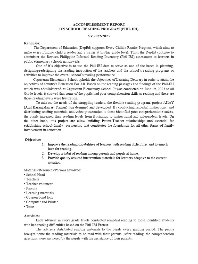 Accomplishment Report On Reading Phil Iri | PDF | Reading Comprehension ...