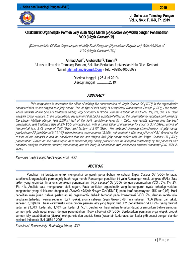 Karakteristik Organoleptik Permen Jelly Buah Naga Merah (Hyloceleus Polyrhizus) Dengan ...
