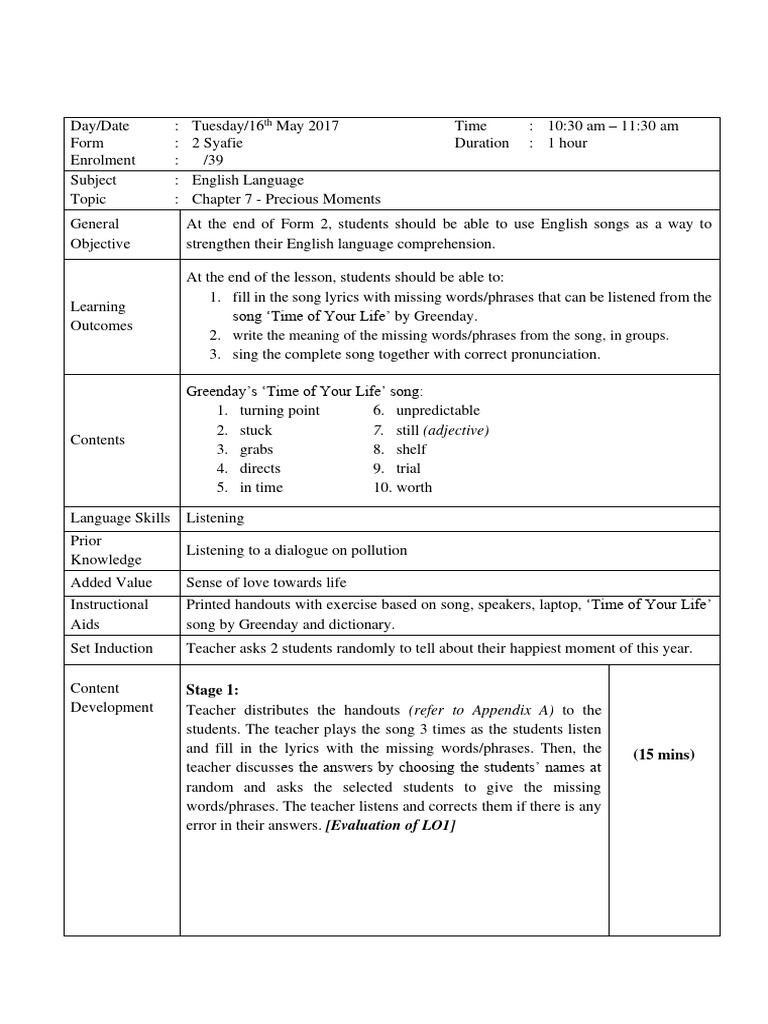 Example of Lesson Plan | PDF | English Language | Learning