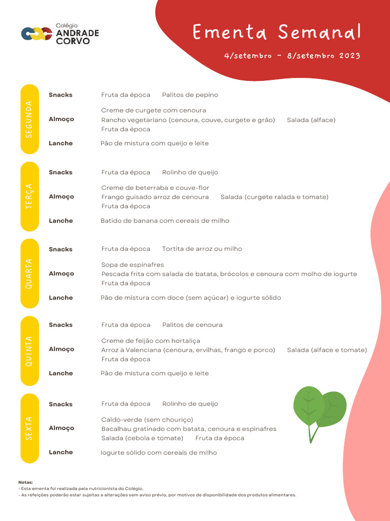 Ementa Setembro | PDF | Milho | Salada