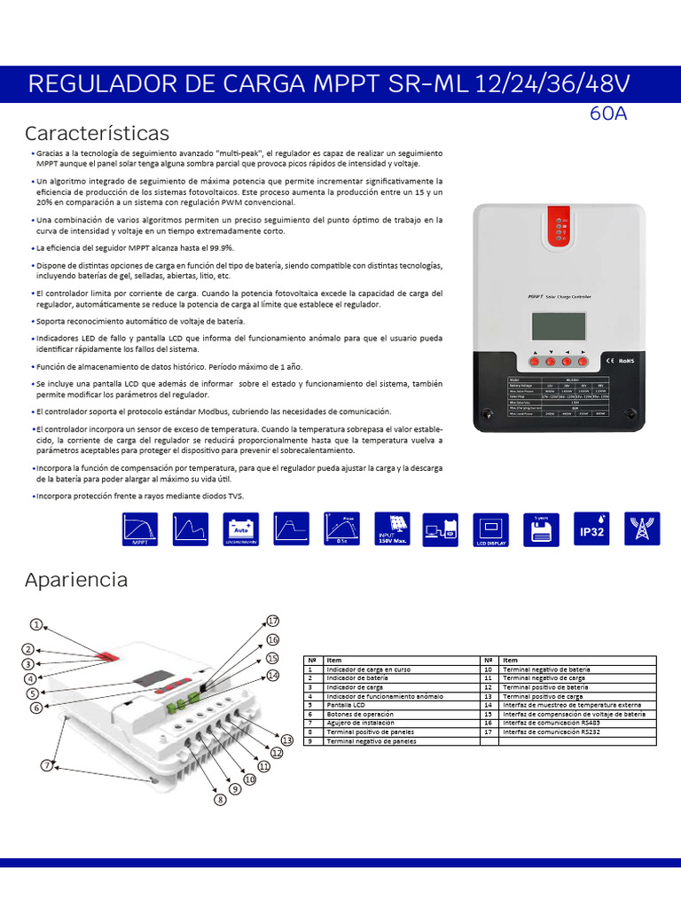 Regulador de Carga MPPT SR-ML 60A | PDF | Fotovoltaica | Sistema fotovoltaico