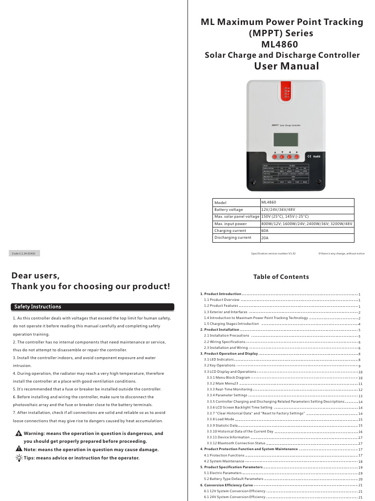 Manual ML4860 MPPT 60A | PDF | Solar Panel | Photovoltaic System